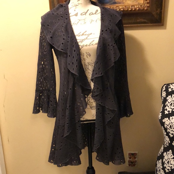 Sweaters | Bohemian Eyelet Ruffle Front To Back Hem Lightweight Knit ...